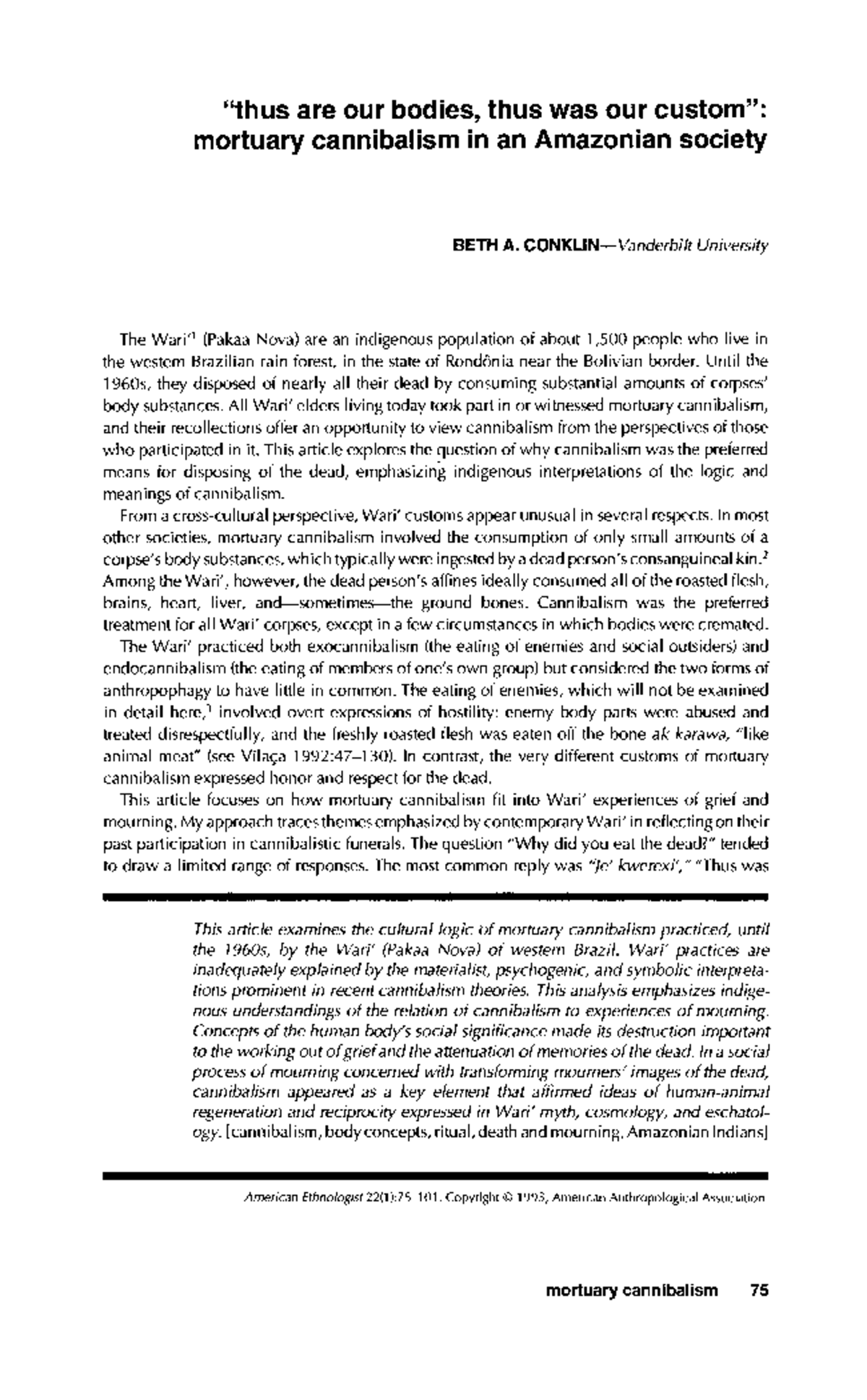 Conklin - Thus Are Our Bodies: Mortuary Cannibalism in Pakaa Nova ...