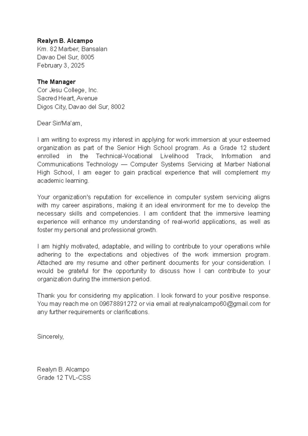 AL - Application Letter for Work Immersion at Cor Jesu College - Studocu