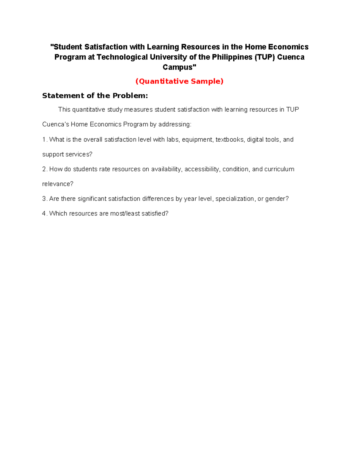 Satisfaction & Correlation Studies in TUP Home Economics Program - Studocu