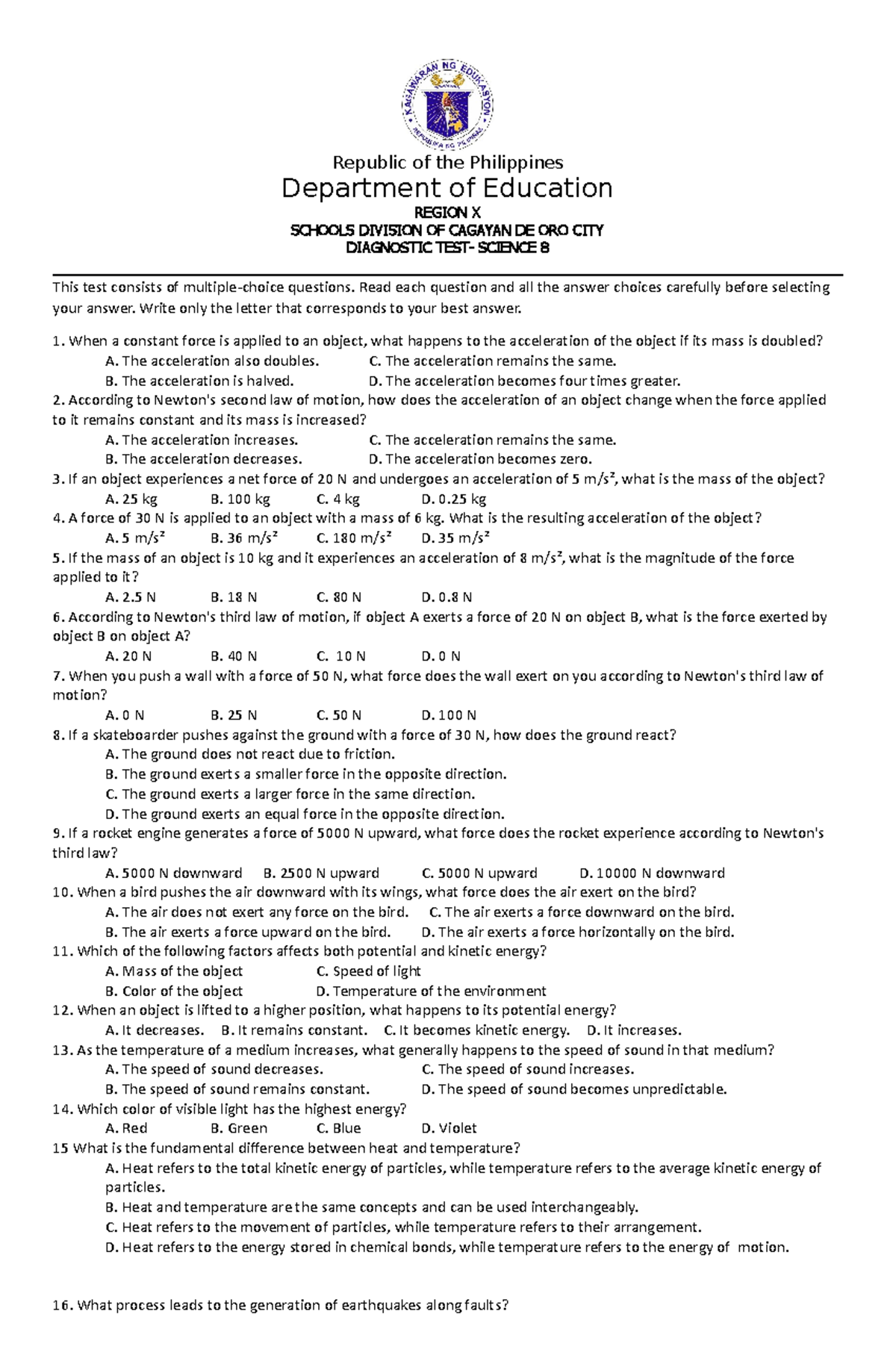 Diagnostic Test - Science 8 SY 2023-2024: Multiple Choice Questions ...