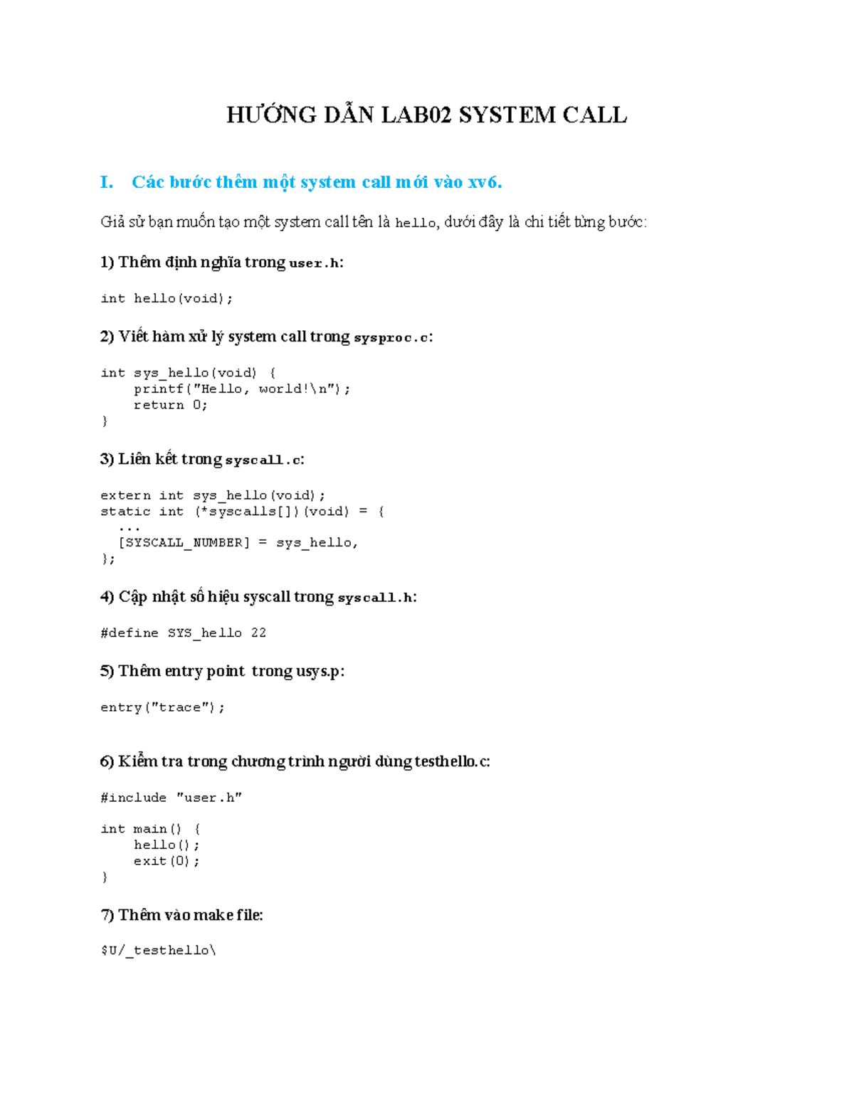 Hướng Dẫn Thêm System Call Mới vào Xv6 - Lab02 Systemcall - Studocu