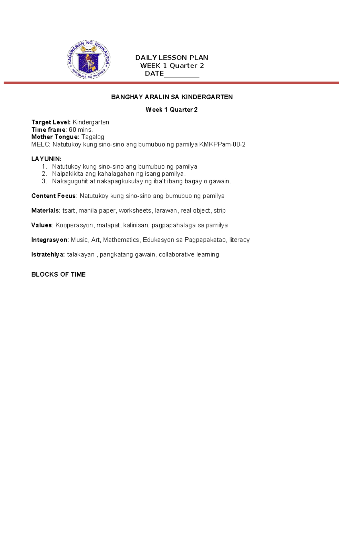 DLP COT 2: Daily Lesson Plan for Week 1 - Kindergarten Family Theme ...