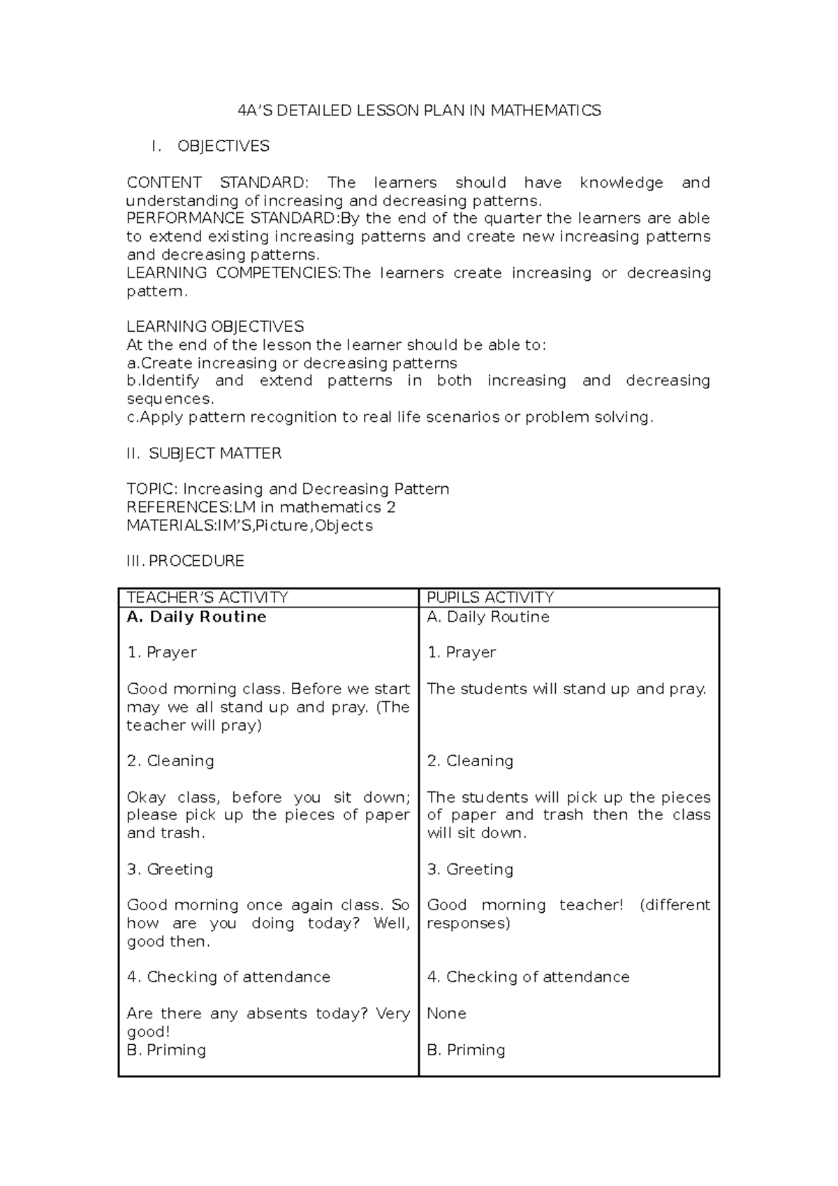 4A - Comprehensive Lesson Plan on Increasing and Decreasing Patterns ...