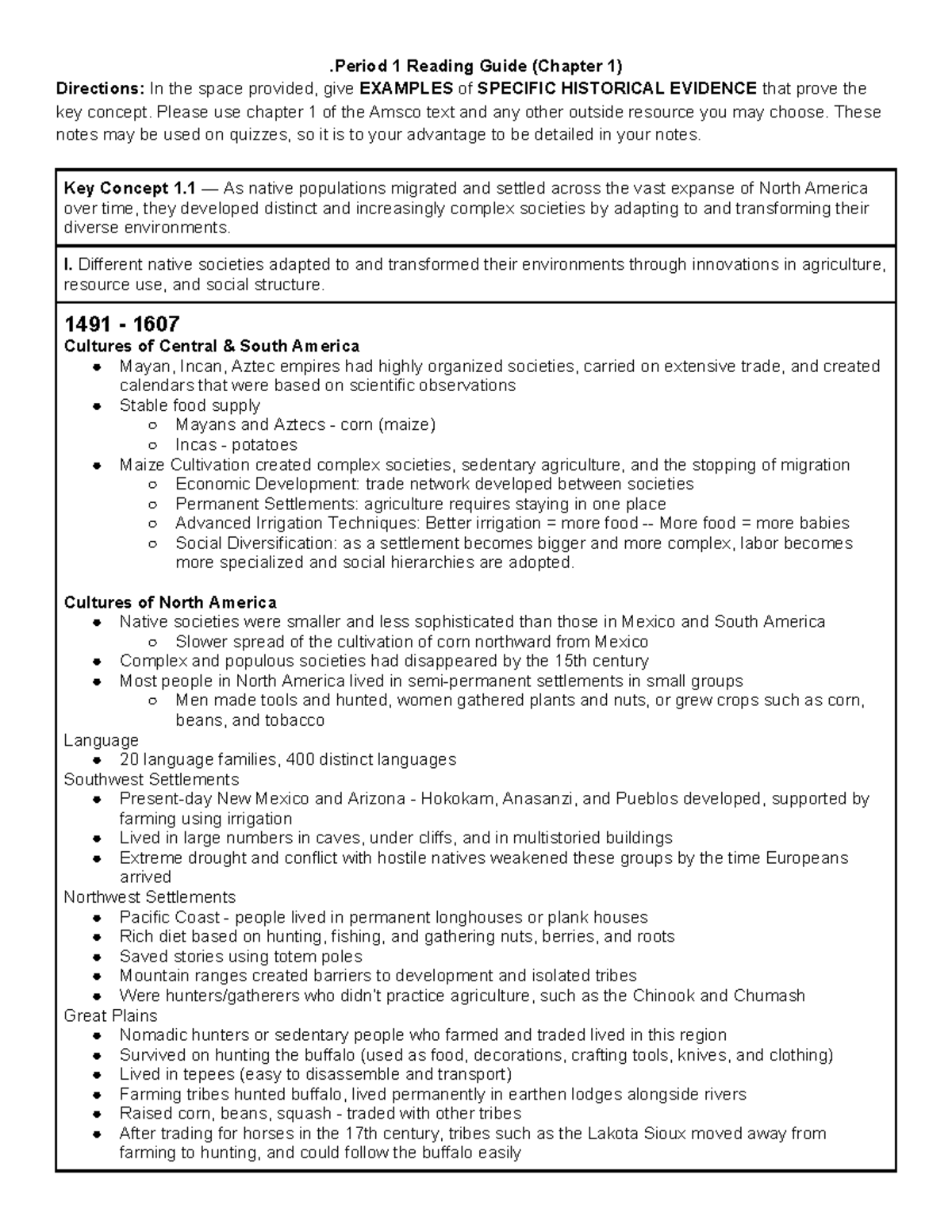 Period 1 Reading Guide (Chapter 1) - Key Concepts & Historical Evidence ...