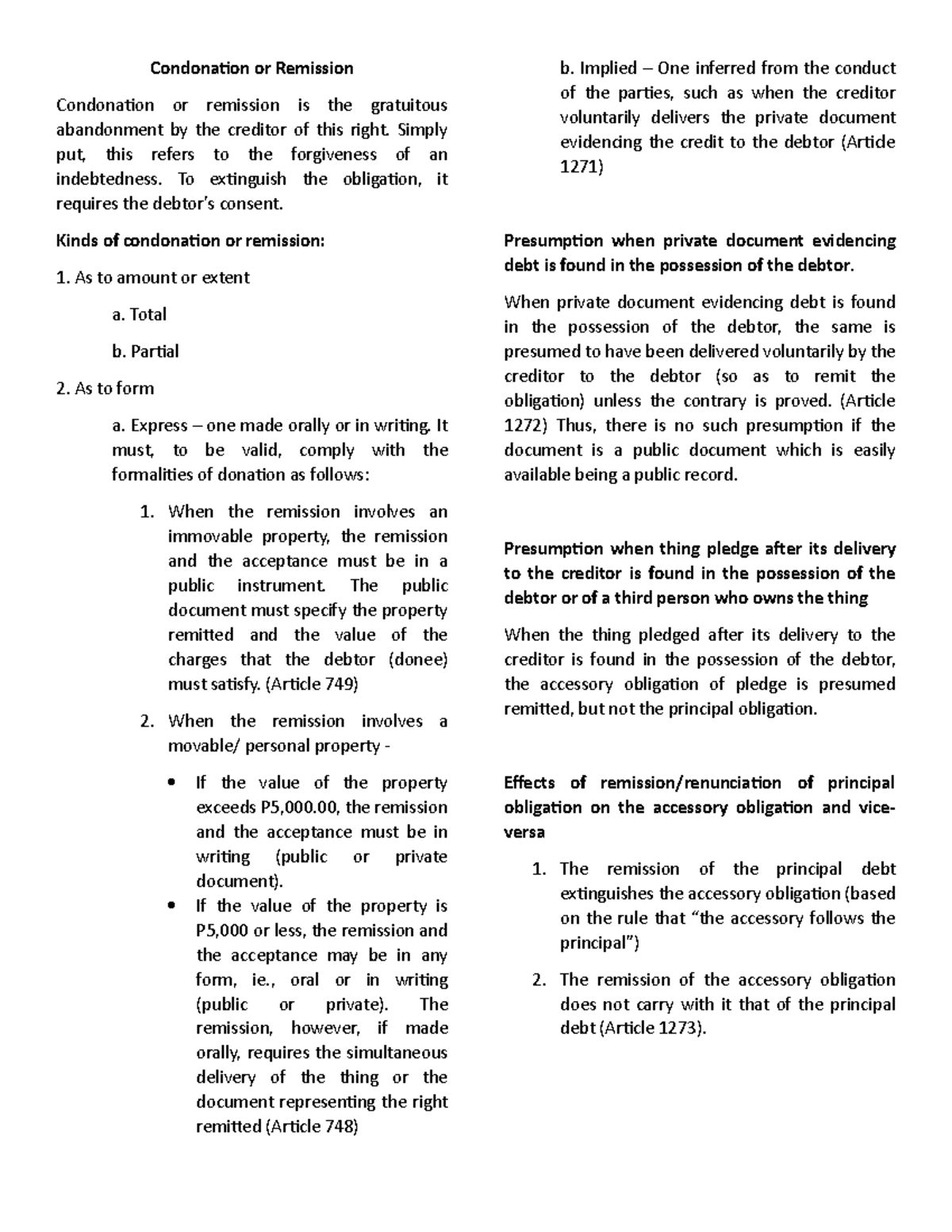 Condonation or Remission: Understanding Obligations & Types - Studocu