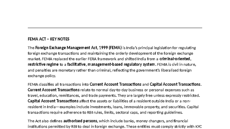 FEMA 101: Key Notes on the Foreign Exchange Management Act - Studocu