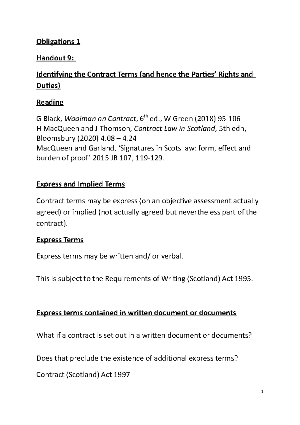 Handout 9 (identifying express terms) - Obligations 1 Handout 9 ...