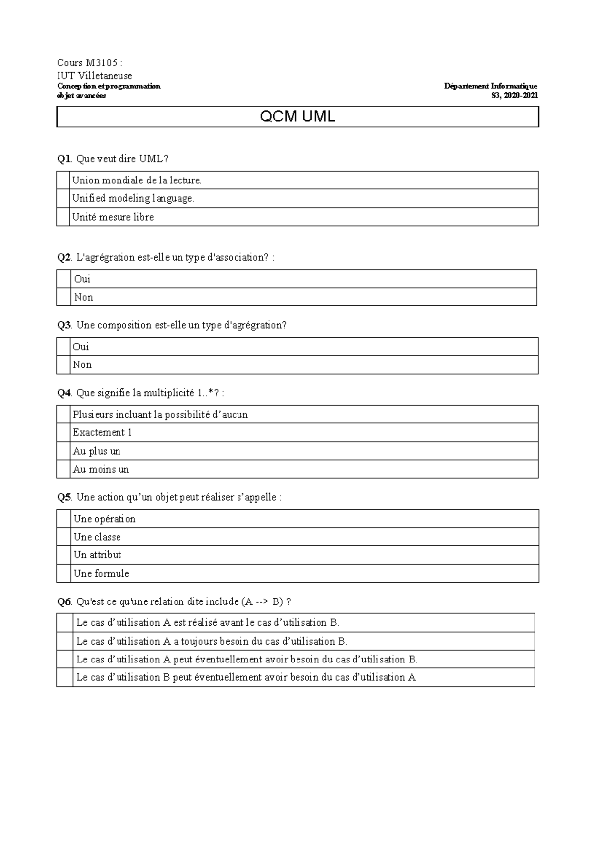 QCM 2 - c'est un qcm du uml facile pour l'etudiant pour comprendre le cour - Cours M3105 : IUT ...