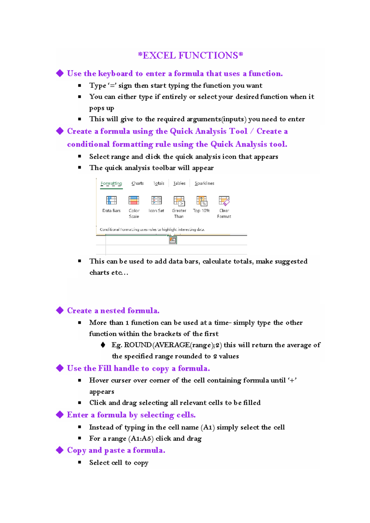 Excel notes for SAM cengage exam for tutorials - EXCEL FUNCTIONS Use ...