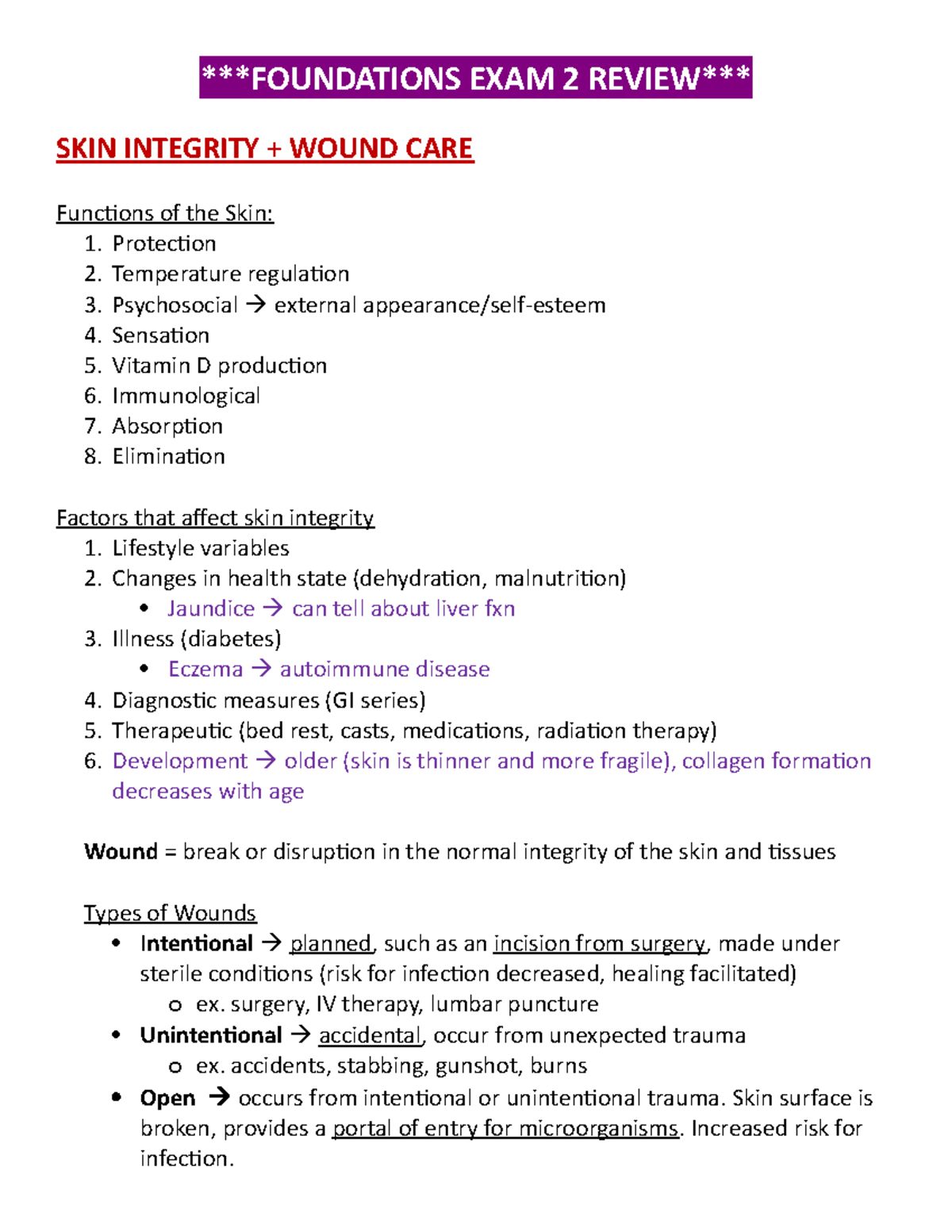 Foundations NUR 101 Exam 2 Notes: Skin Integrity & Wound Care - Studocu