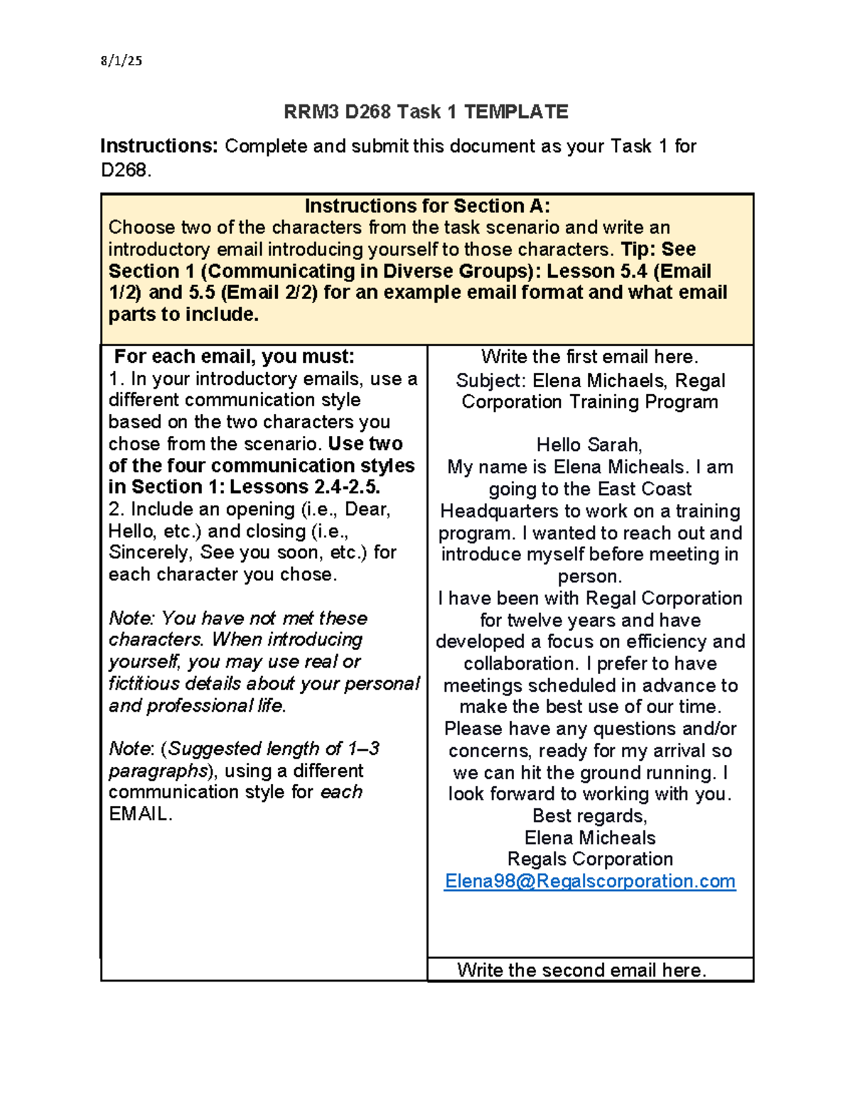 RRM3 D268 Task 1: Character Introduction Emails and Styles - Studocu