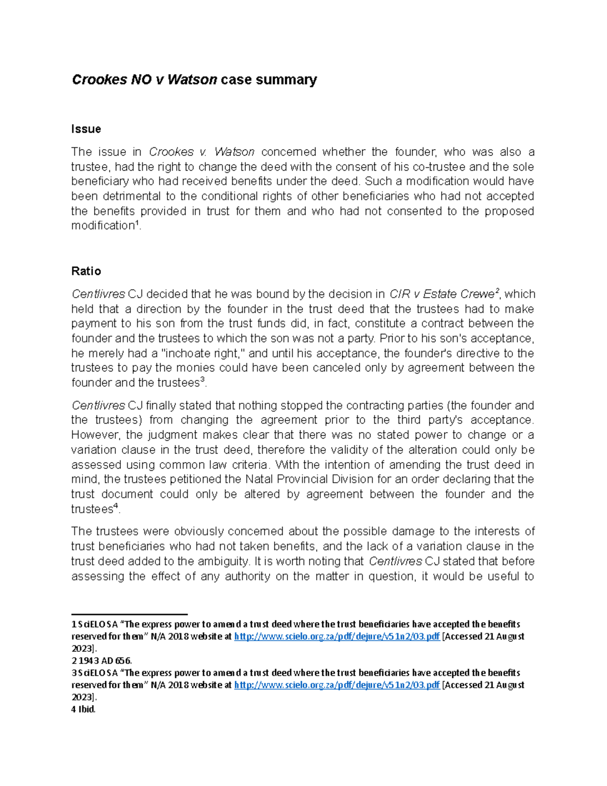 Crookes NO v Watson - Case Summary & Legal Analysis Notes - Studocu