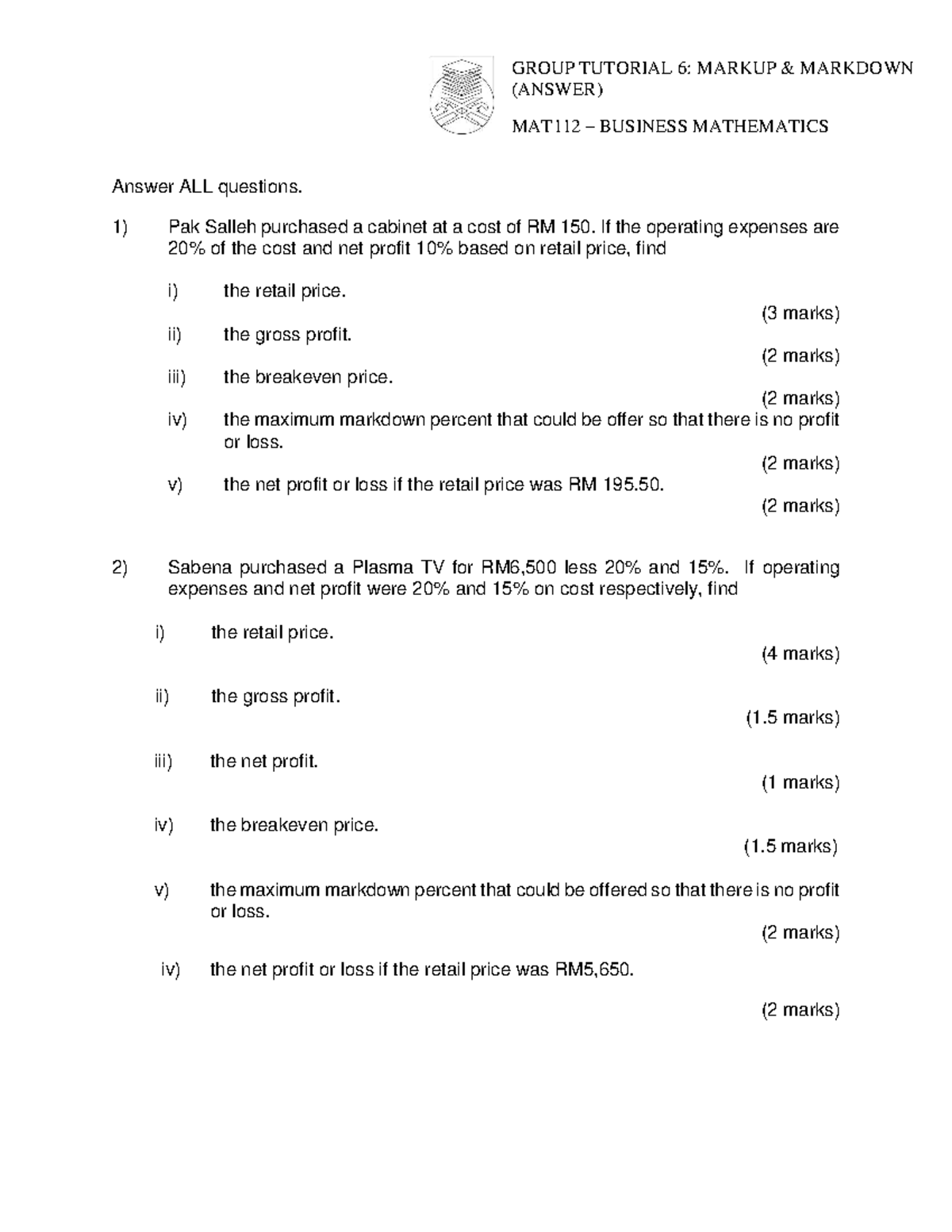 MAT112 Tutorial 6: Markup & Markdown Solutions (Answers) - Studocu
