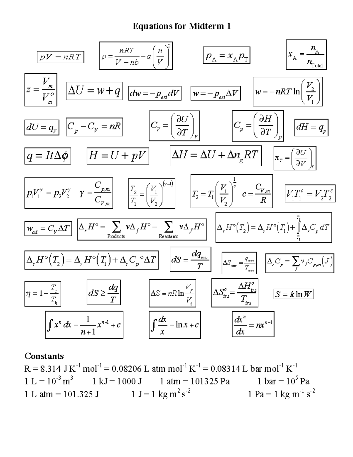 CHM2132 Midterm 1 Formula Sheet for Equations - Studocu