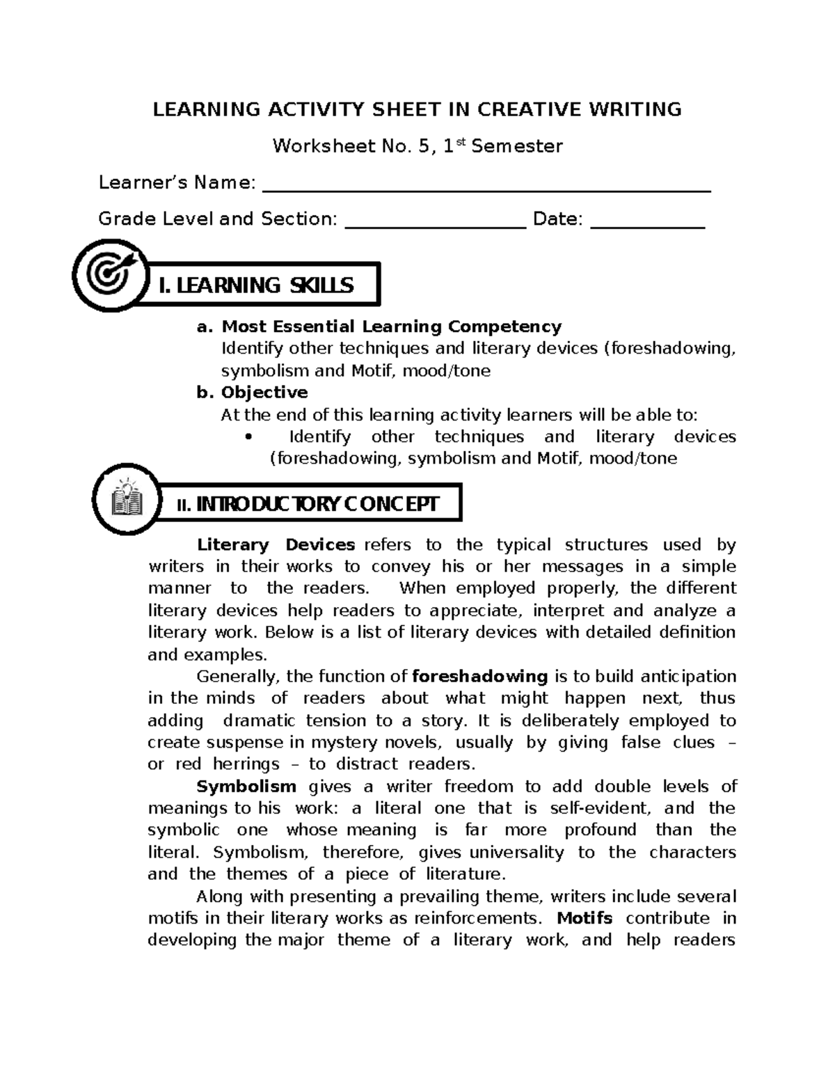 CW LAS 5: Exploring Literary Devices in Creative Writing - Studocu