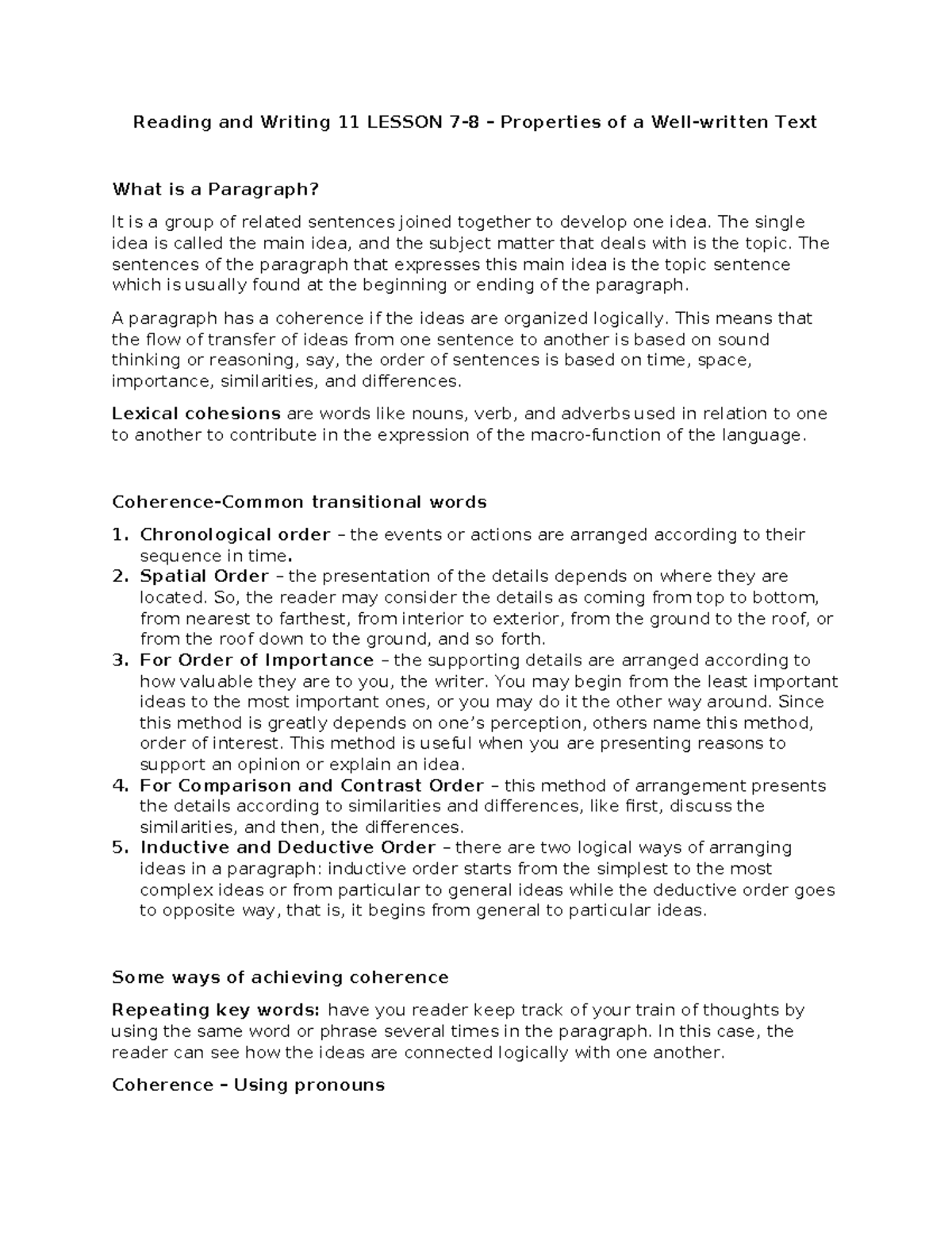 R and W 11 Lesson 7-8 - Reading and Writing 11 LESSON 7-8 – Properties of a Well-written Text ...