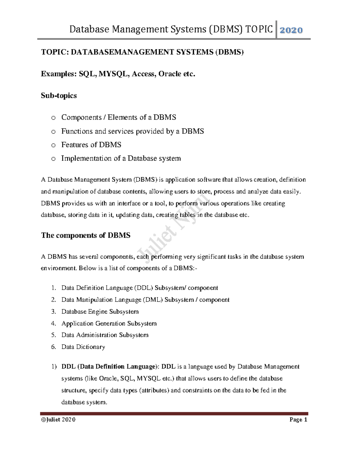 Database Management systems lecture notes - TOPIC: DATABASEMANAGEMENT ...