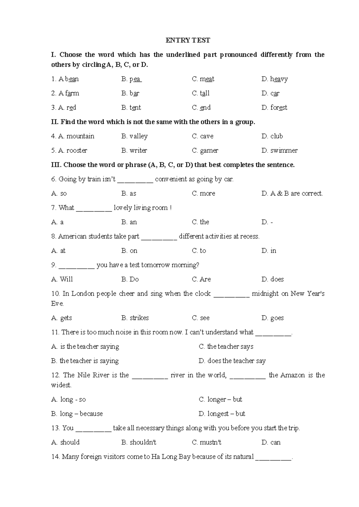 Entry Test I for Grade 6: Pronunciation, Vocabulary, and Grammar - Studocu