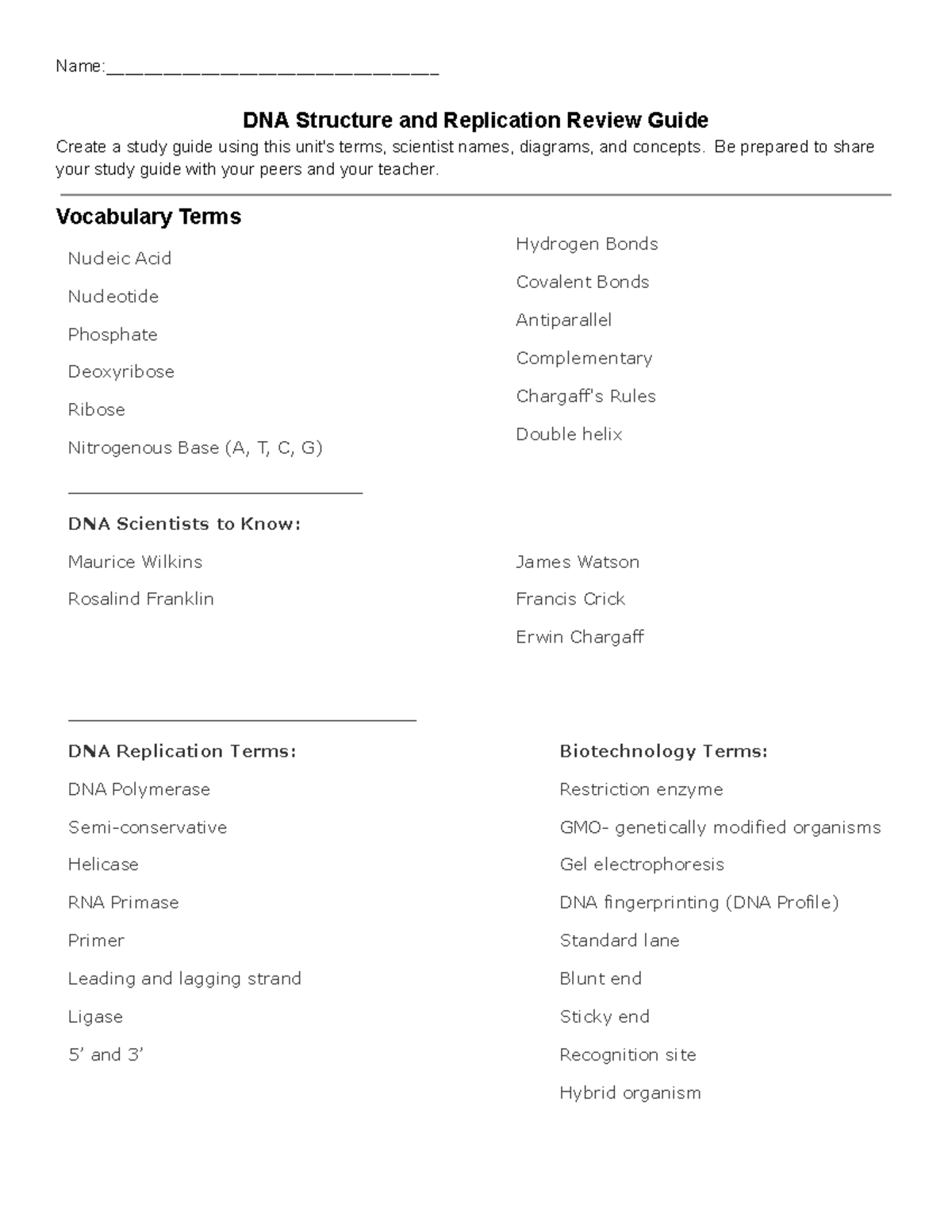 DNA Structure and Replication Study Guide (Biology 101) - DNA Structure ...