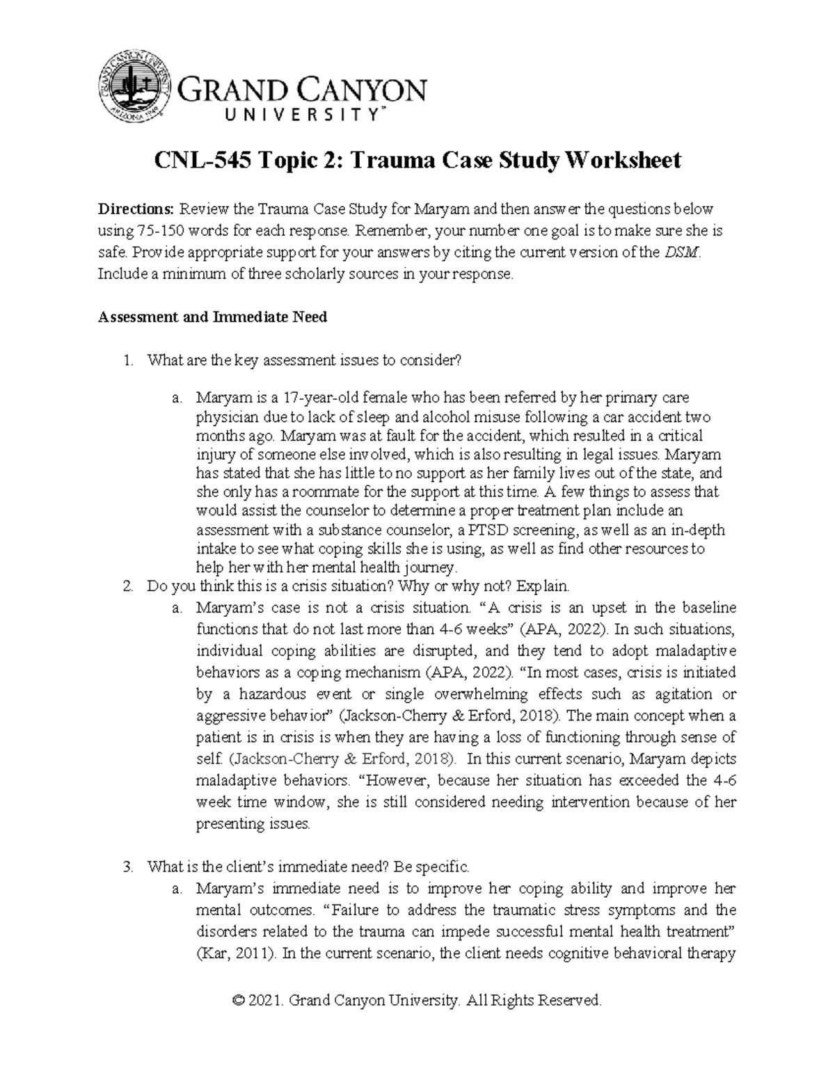 CNL 545 RS T2 Trauma Case Study Analysis and Intervention Plan - Studocu
