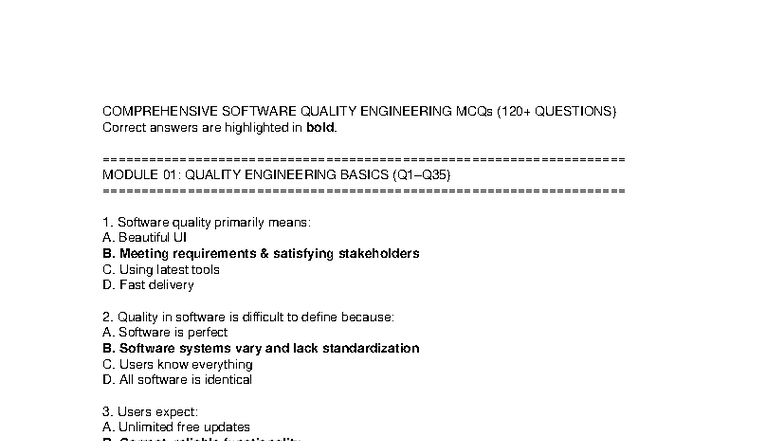 SQE 150: Comprehensive MCQs on Software Quality Engineering Modules ...