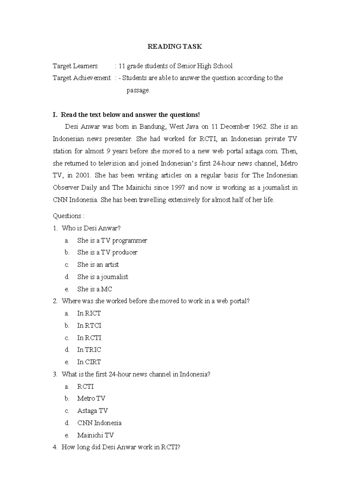 11th Grade Reading Test: Comprehension on Desi Anwar & Traffic Issues ...