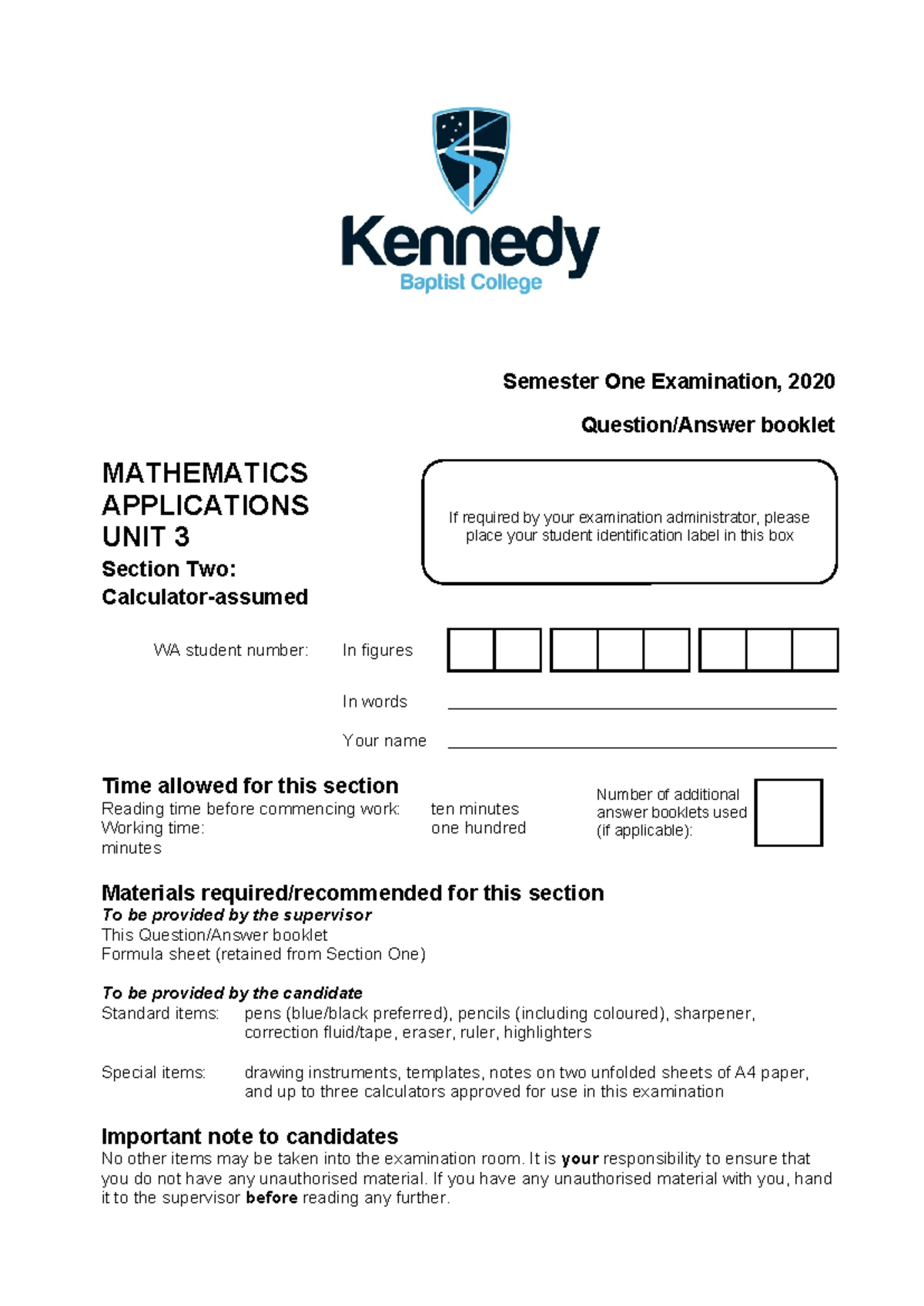 WAEP 2020 Year 12 Mathematics Applications Unit 3 Semester 1 Exam - Studocu