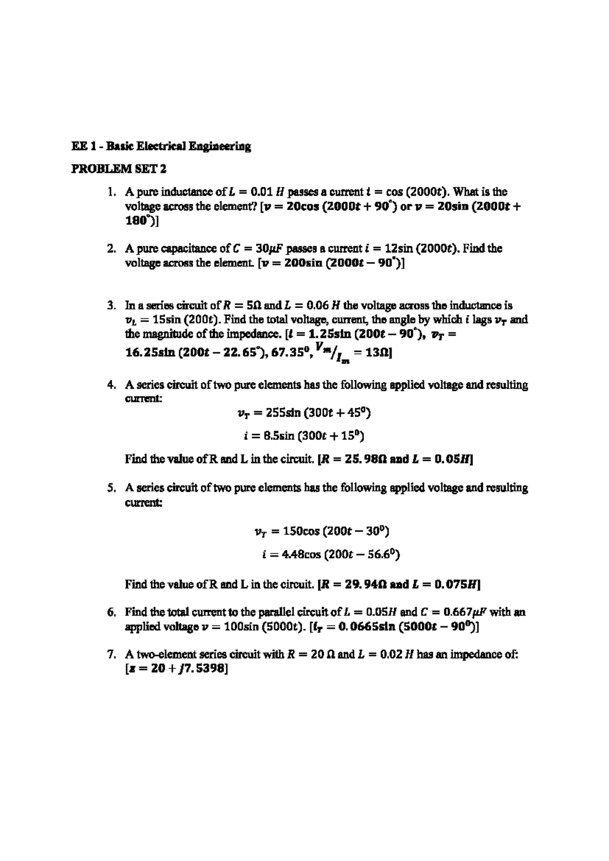 Basic Electrical Engineering Problem Set 2 - Studocu