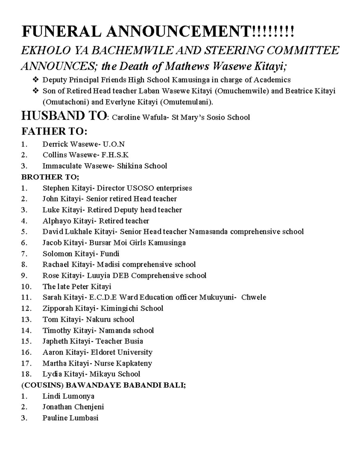 FUNERAL ANNOUNCEMENT: MATHEWS WASEWE (FINAL) - Studocu
