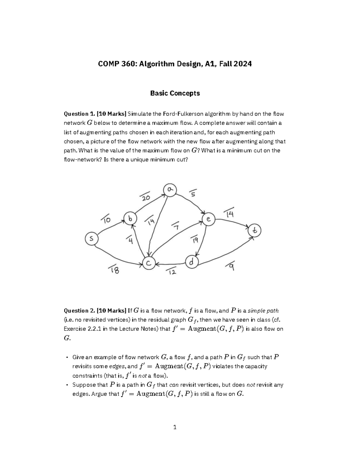 COMP 360: Algorithm Design, A1 - Max Flow & Network Problems - Studocu