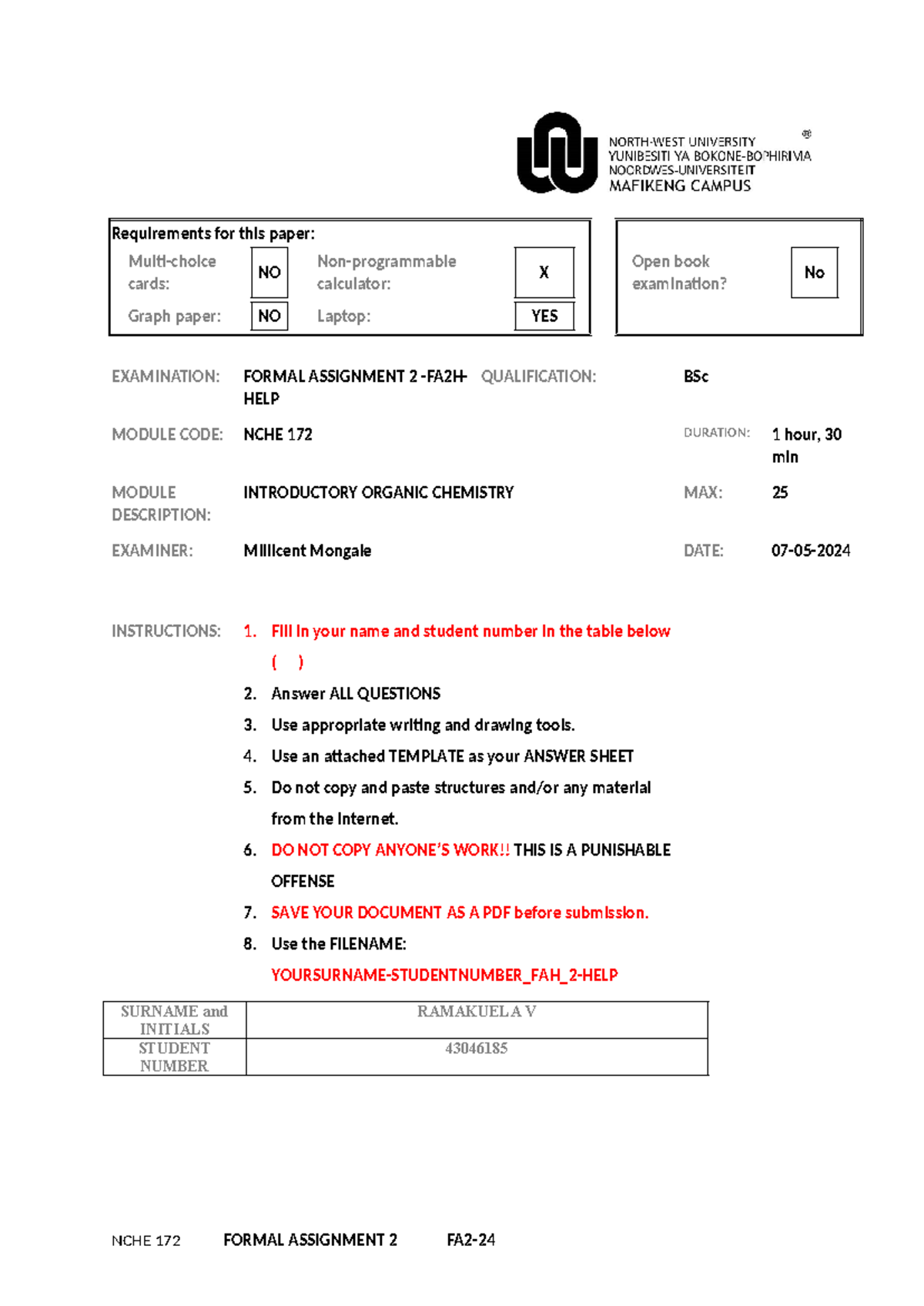 FAH 2-Formal Assessment 2 Help - Organic Chemistry Exam Instructions ...