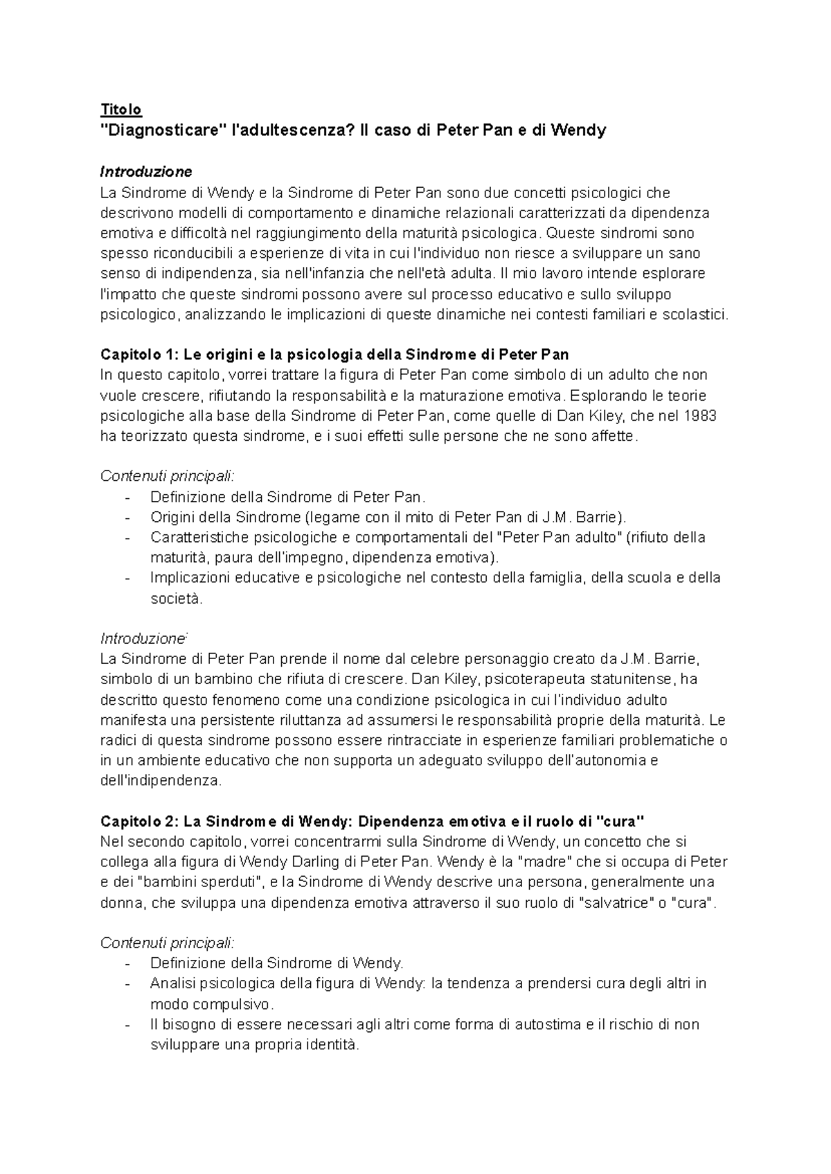 Tesi di Sofia Trevisani 185517: Sindromi di Peter Pan e Wendy - Studocu