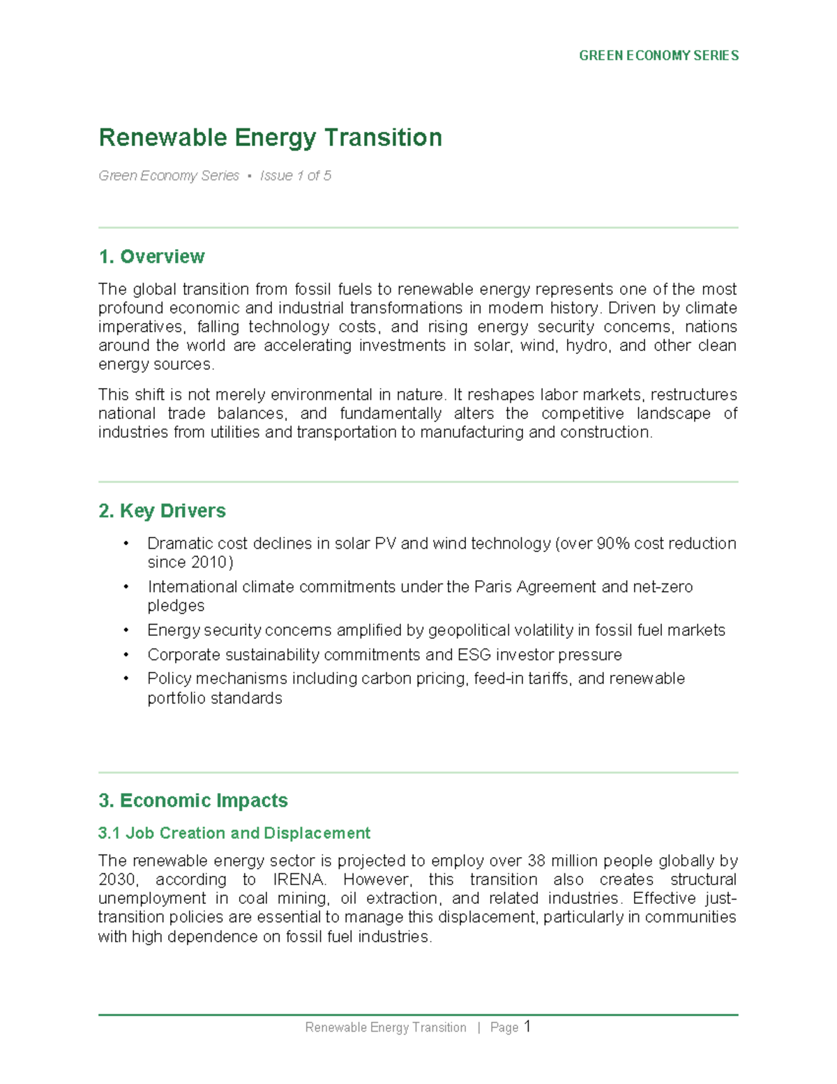 Renewable Energy Transition: Green Economy Series Issue 1 - Studocu