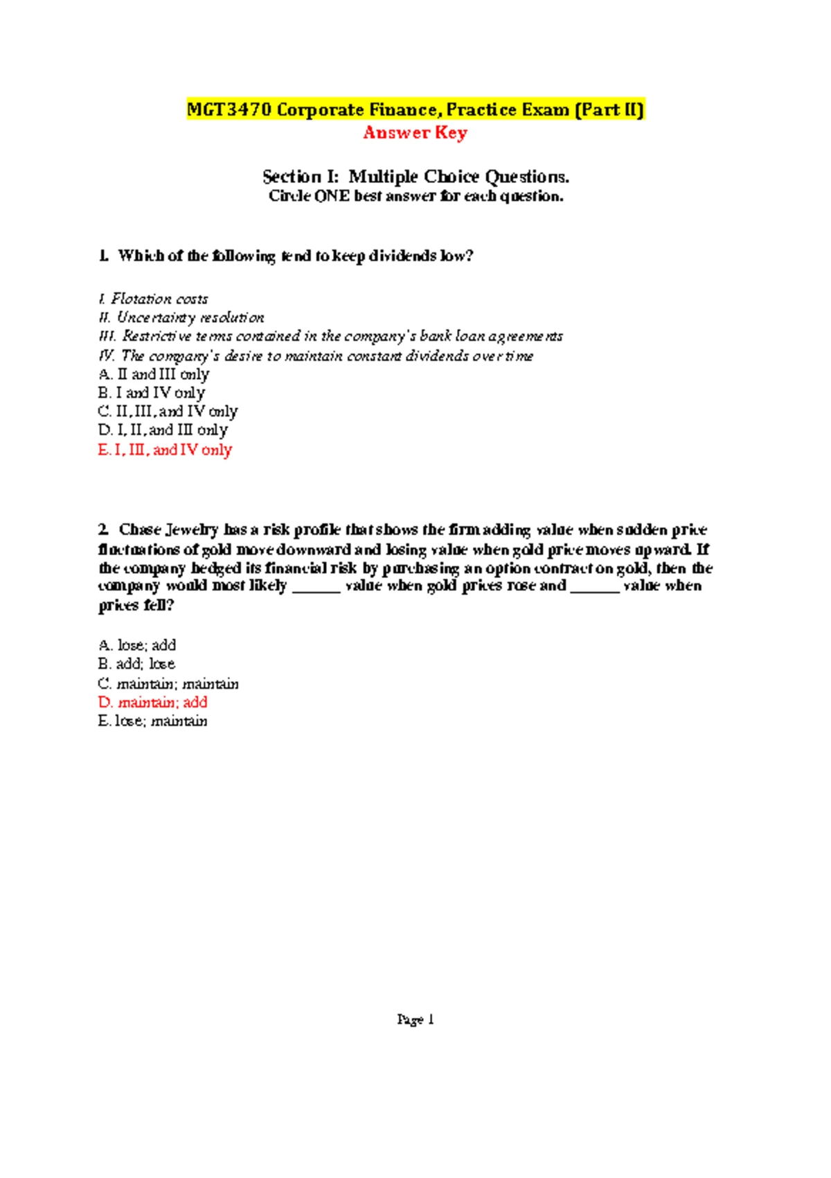Corporate Finance Sample Final EXAM: Multiple Choice & Calculations ...