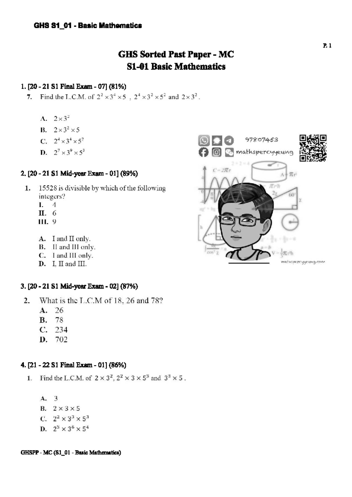 GHS S1_01 Basic Mathematics Chapter 1 MC Exam Questions - Studocu