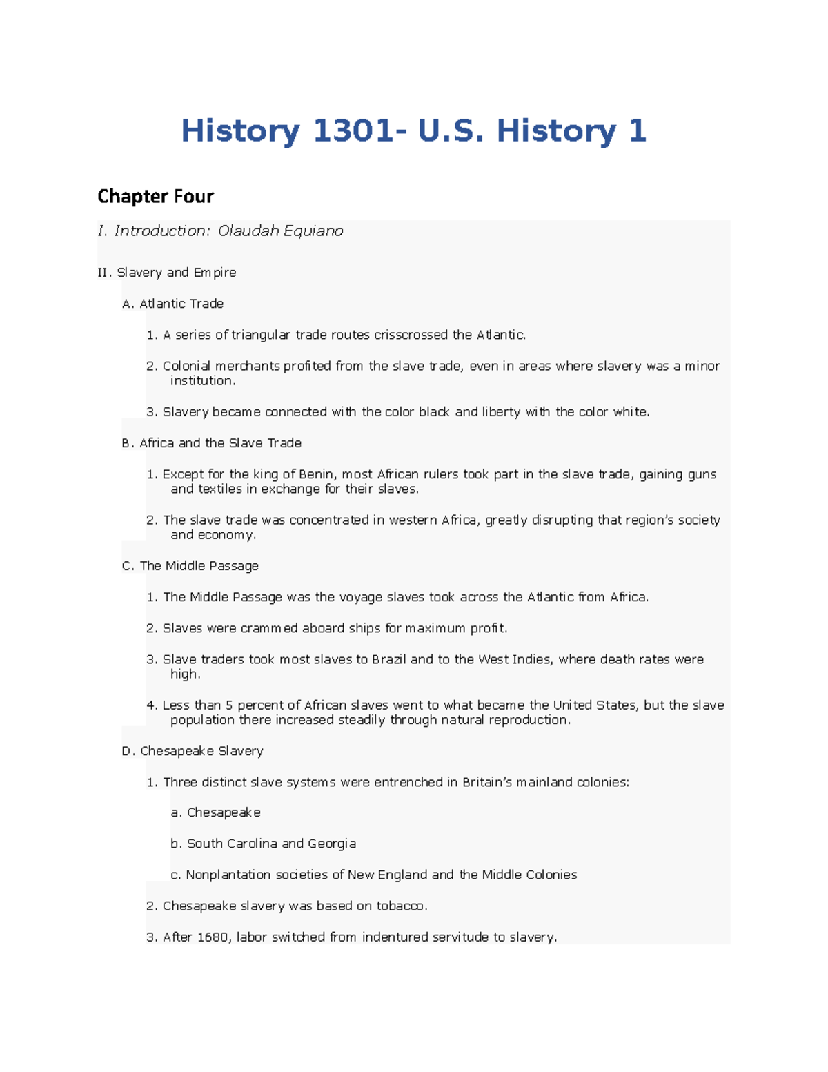 History 1301 - Chapter 4: Outline on Slavery and Freedom - Studocu