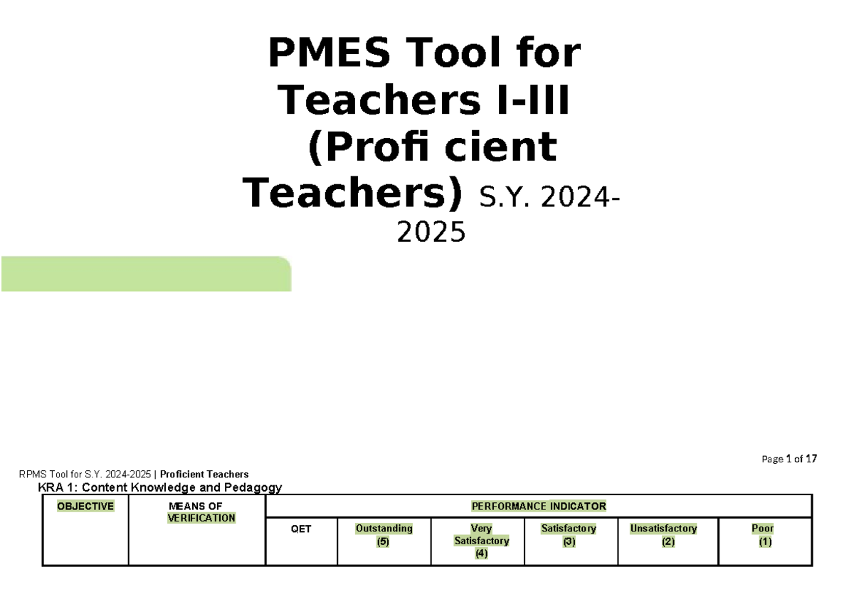 Annex A: PMES Tool for Proficient Teachers S.Y. 2024-2025 - Studocu