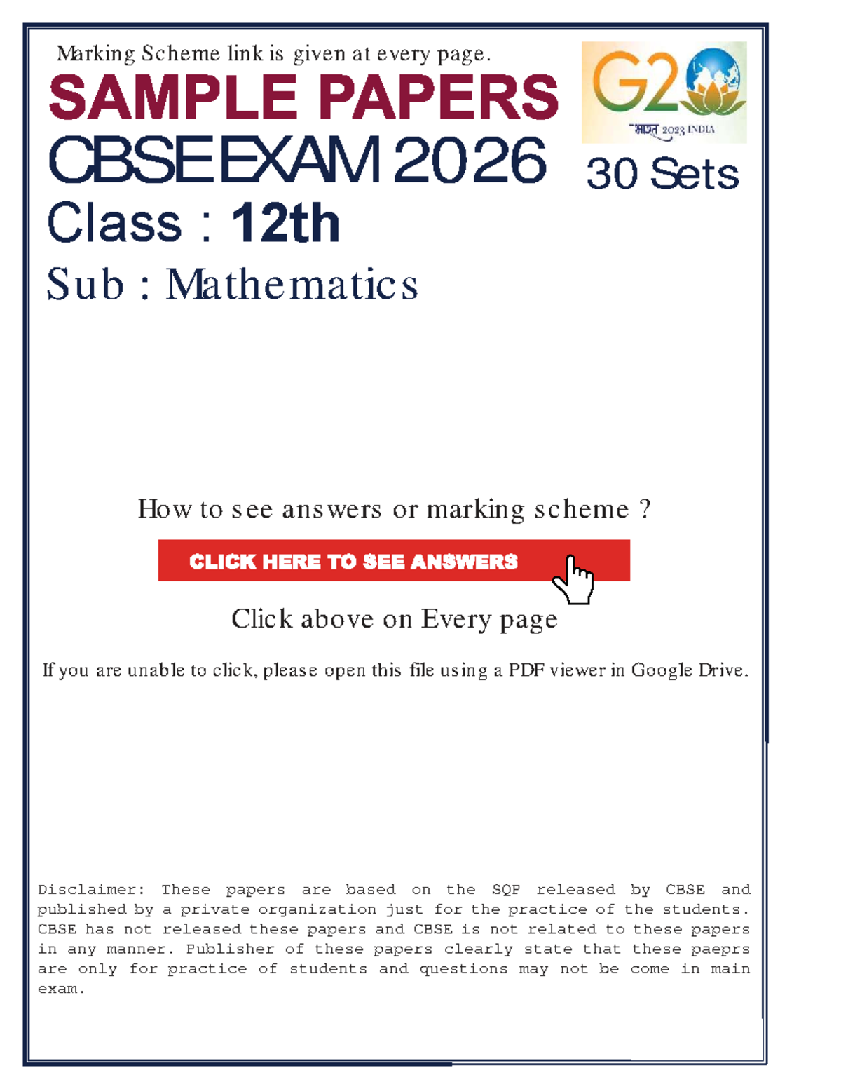 CBSE Class 12 Mathematics Sample Papers 2025-26: 30 Sets - Studocu