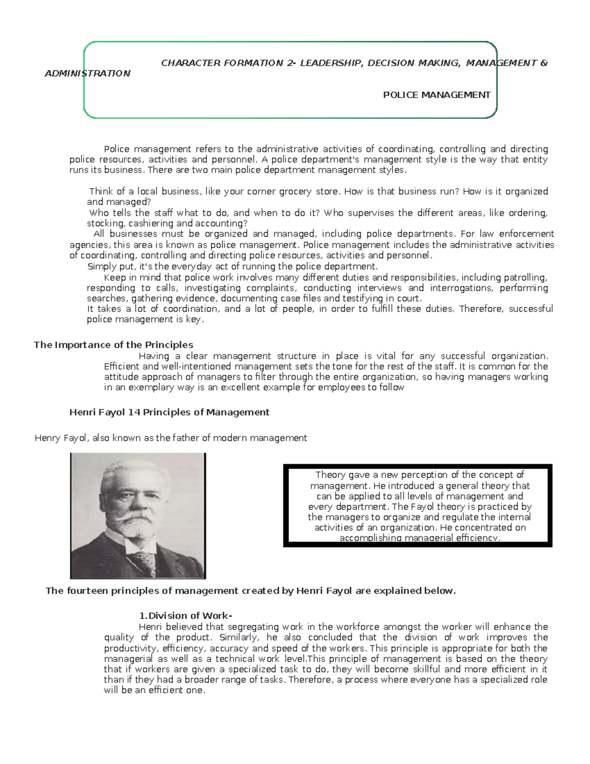 CFLM 2 - Midterm Notes on Police Management & Leadership - Studocu