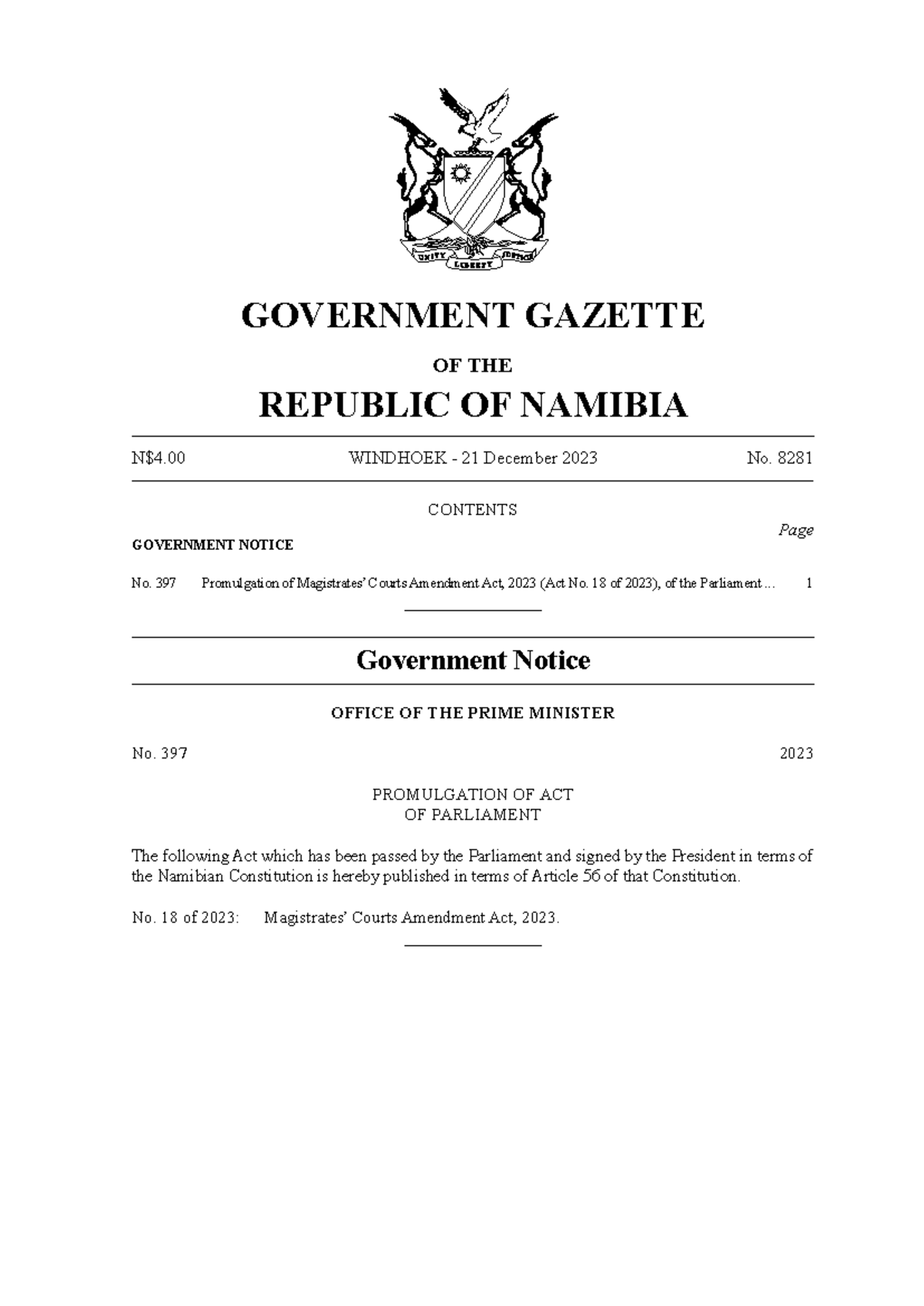 Magistrates Courts Amendment Act 2023 - Government Gazette No. 8281 ...