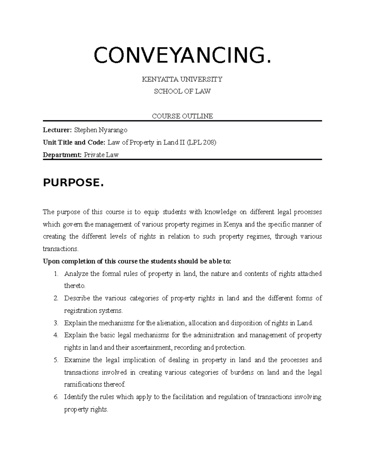 LPL 208: Comprehensive Study Notes on Conveyancing Concepts - Studocu