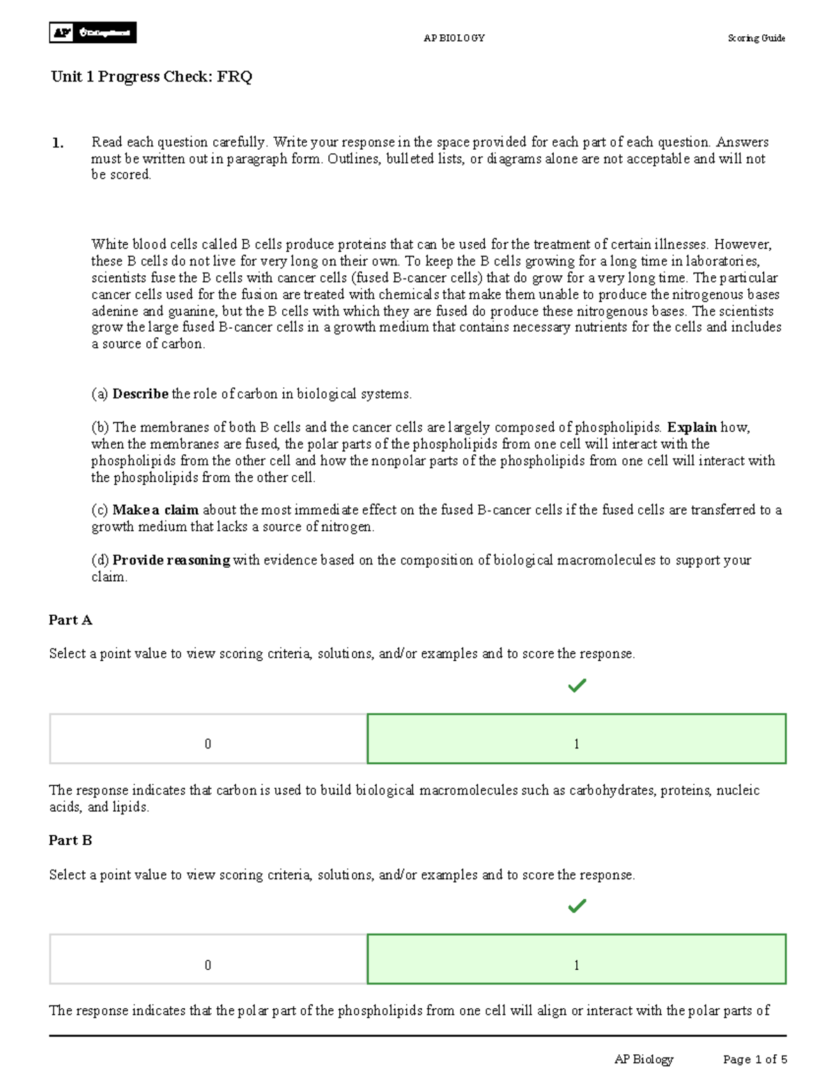 AP BIOLOGY Unit 1 Progress Check: FRQ Responses and Scoring Guide - Studocu