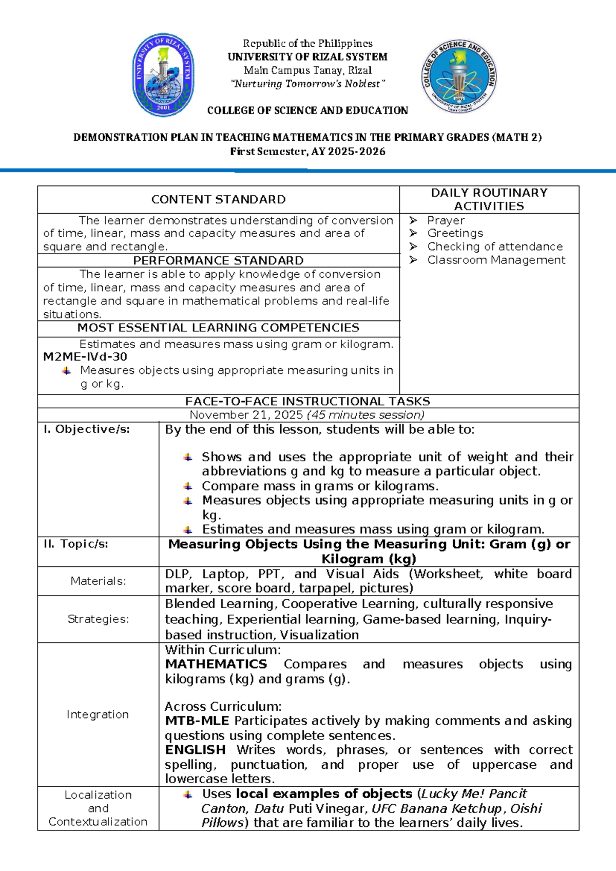 Demonstration Plan for Teaching Math in Primary Grades (MATH 2) - Studocu