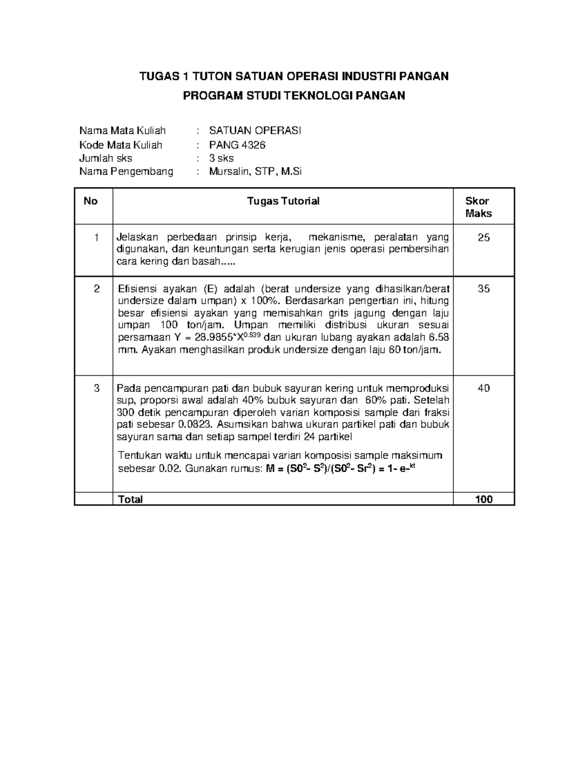 Tugas 1 Tuton Satuan Operasi Pangan PANG4326: Prinsip & Efisiensi - Studocu