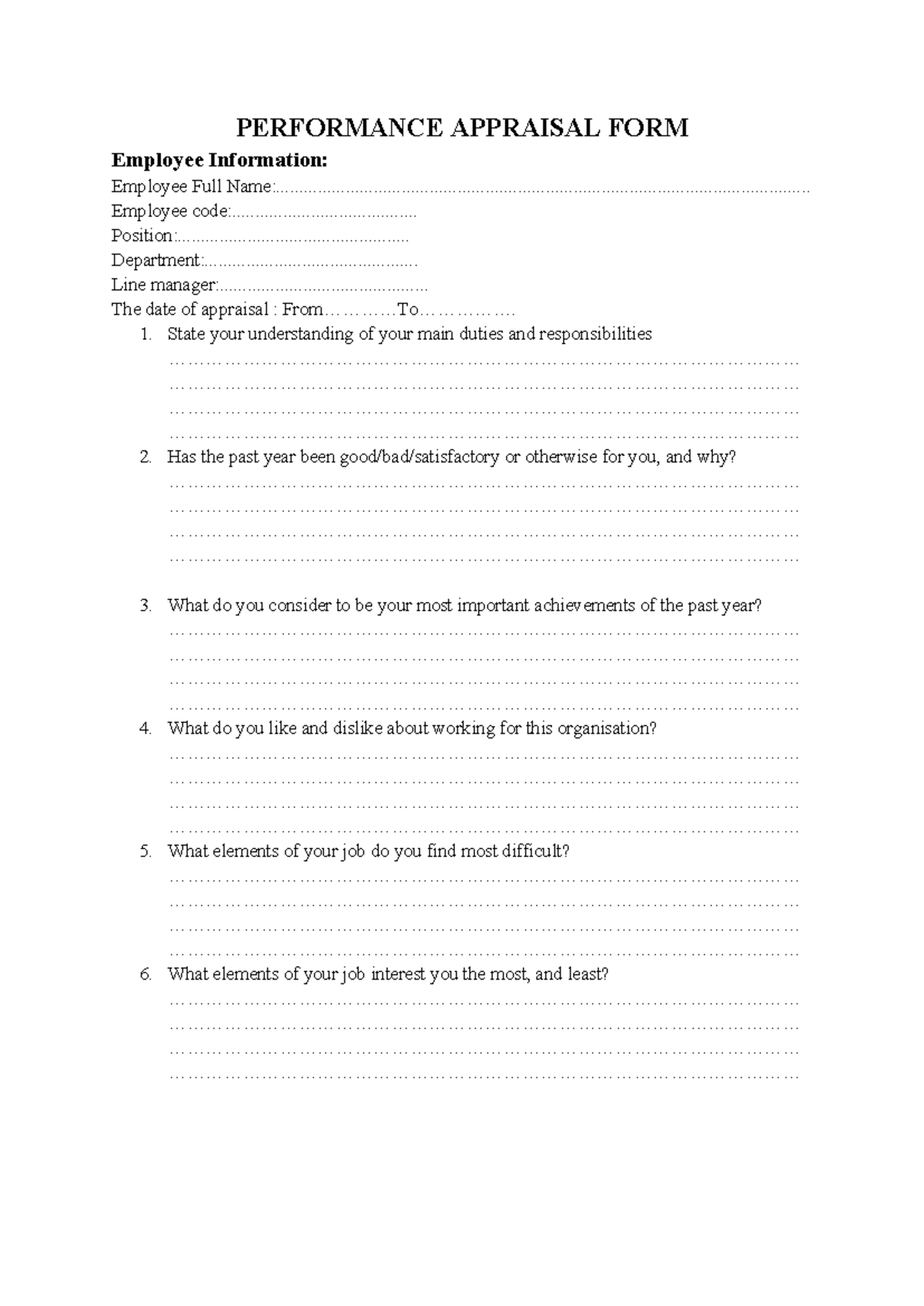 Appraisal form - PERFORMANCE APPRAISAL FORM Employee Information ...