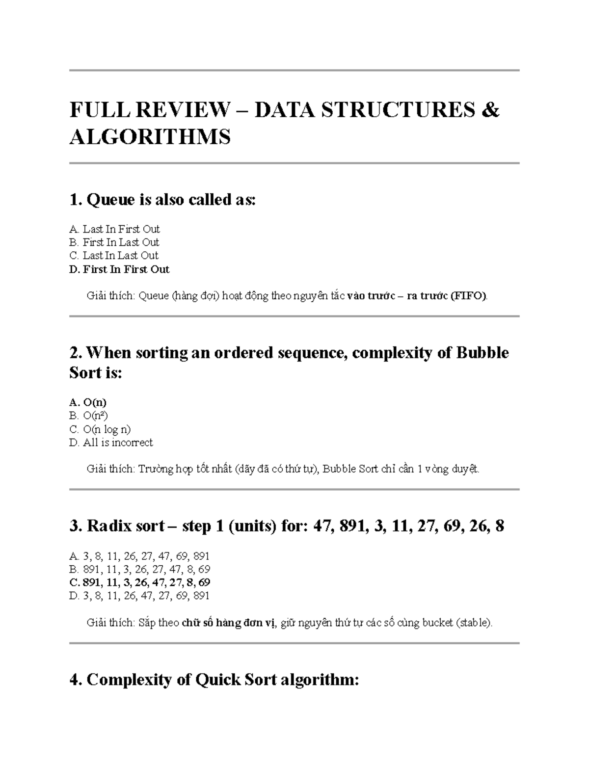 DATA STRUCTURES & ALGORITHMS REVIEW - MCQs & EXPLANATIONS - Studocu