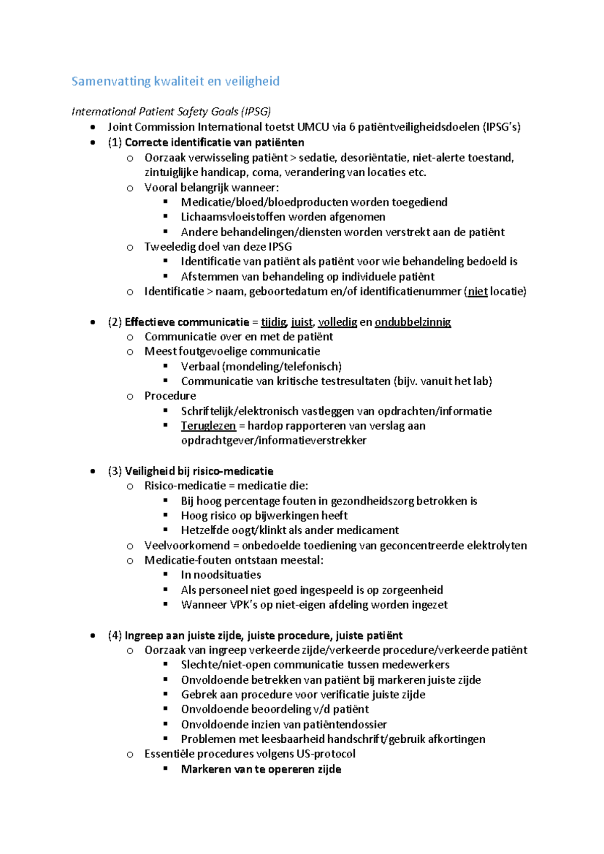 Samenvatting Kwaliteit en Veiligheid: IPSG en Patiëntveiligheid UMCU - Studeersnel