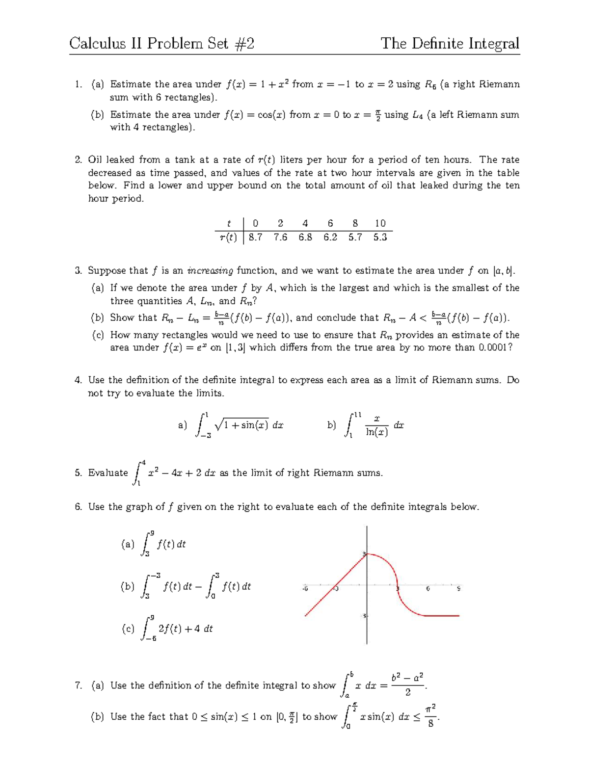 Calculus II (MATH 202) Problem Set: Definite Integrals & Riemann Sums ...