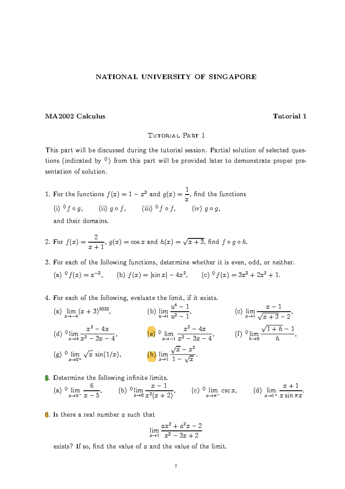 MA2002 Calculus Tutorial 1: Functions, Limits, and Critical Thinking - Studocu