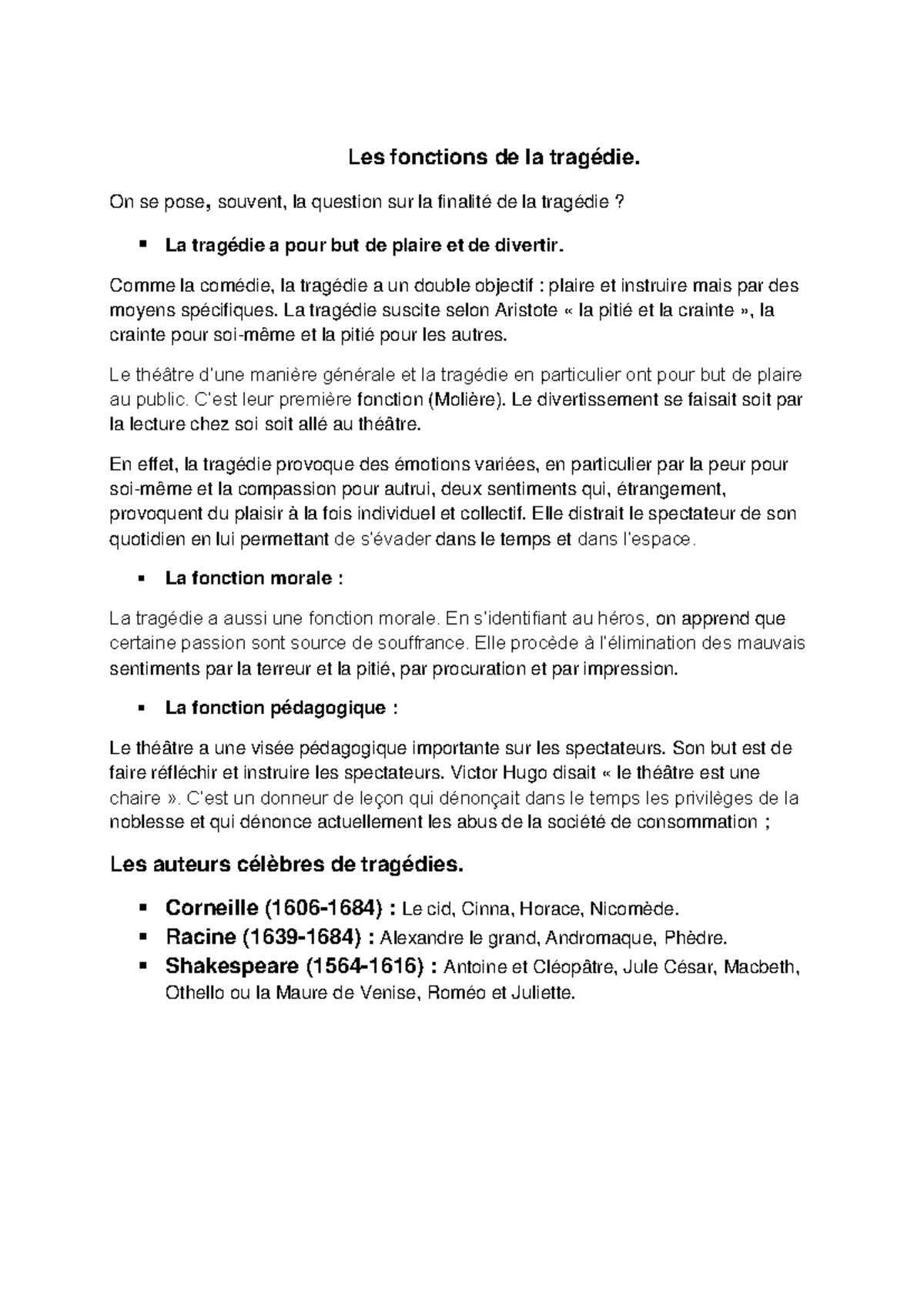 Les fonctions de la tragédie : Analyse et Impact Émotionnel - Studocu